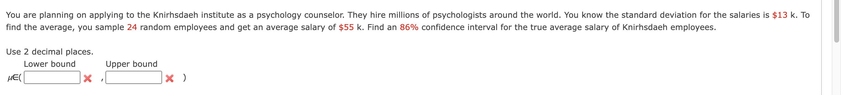 Solved Jse 2 decimal places. Lower bound Upper bound | Chegg.com