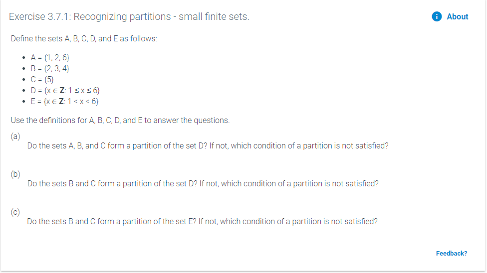 Solved Exercise 3.7.1: Recognizing partitions - small finite | Chegg.com