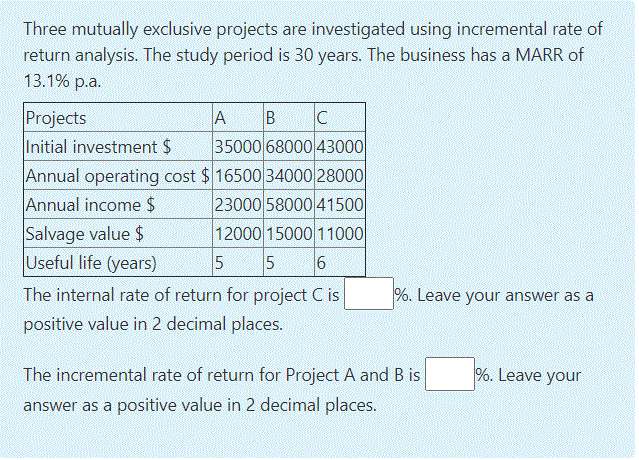 Solved Three mutually exclusive projects are investigated | Chegg.com