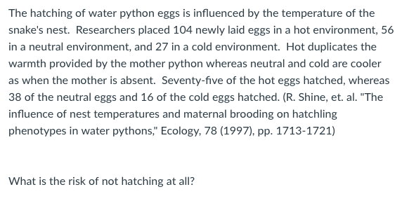 Solved The hatching of water python eggs is influenced by | Chegg.com
