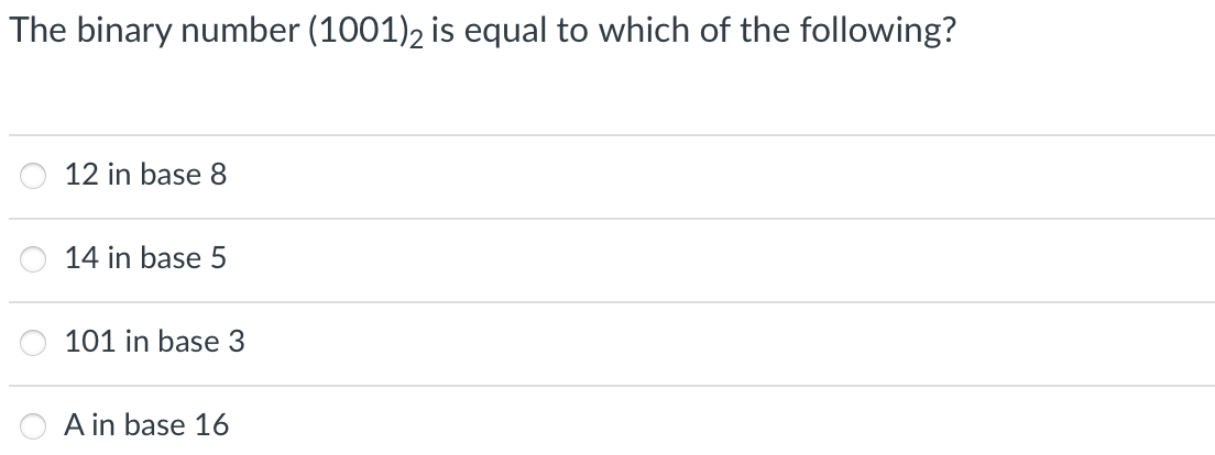 Solved The binary number (1001)2 is equal to which of the | Chegg.com