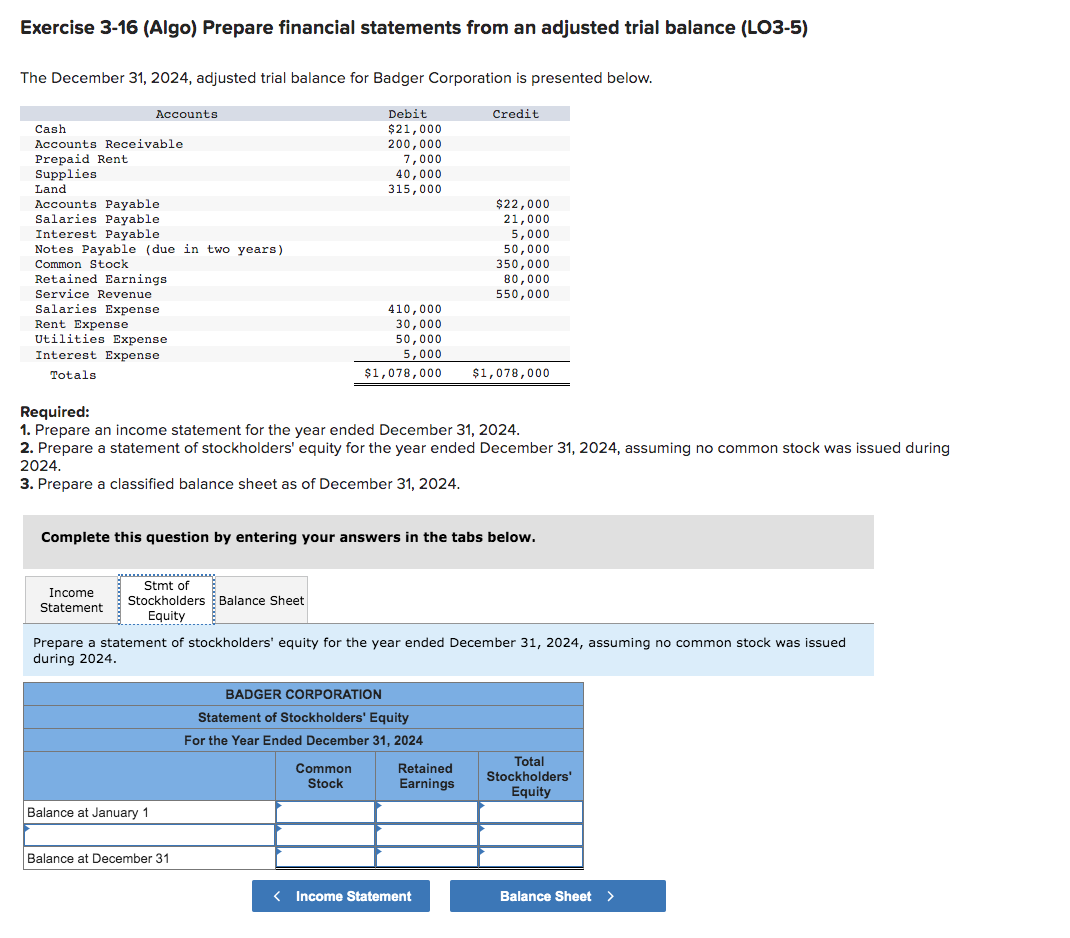 Solved Exercise 3-16 (Algo) Prepare financial statements | Chegg.com