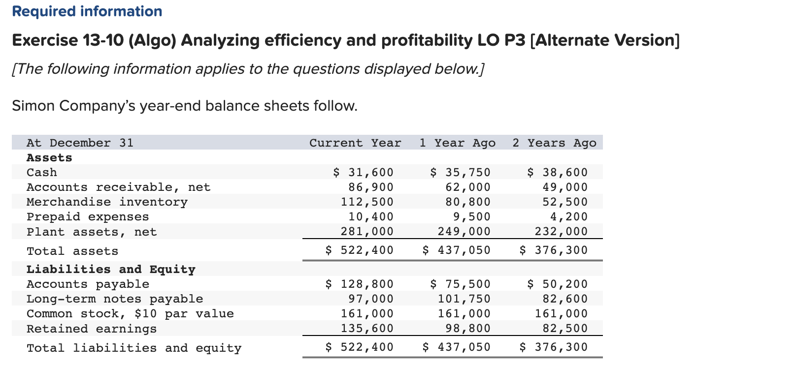 Solved Required information Exercise 13-10 (Algo) Analyzing | Chegg.com