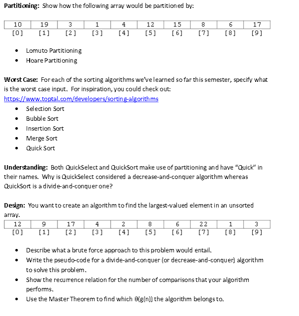 Partitioning: Show how the following array would be | Chegg.com