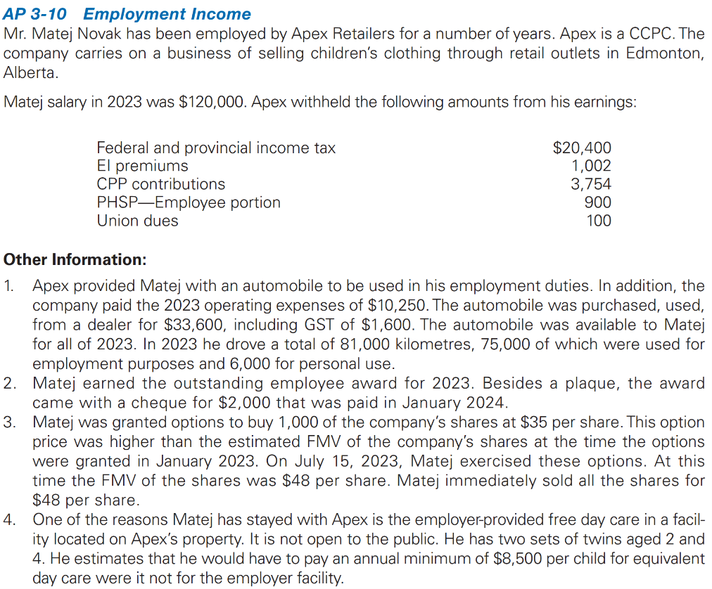 Solved AP 3-10 Employment Income Mr. Matej Novak has been | Chegg.com
