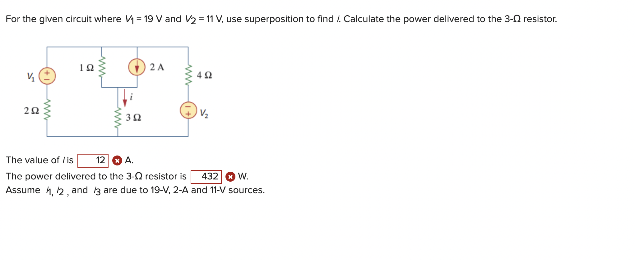 Solved For the given circuit where V1=19V ﻿and V2=11V, ﻿use | Chegg.com