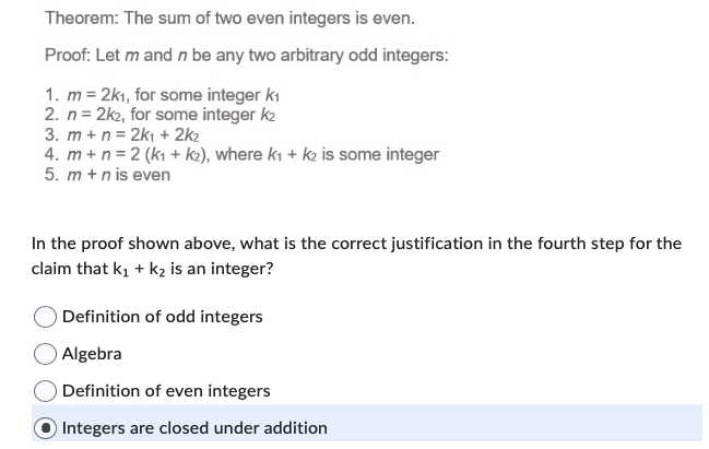 Solved Theorem: The sum of two even integers is even. Proof: | Chegg.com