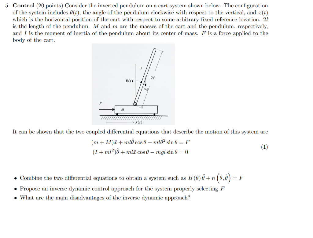 5. Control (20 points) Consider the inverted pendulum | Chegg.com
