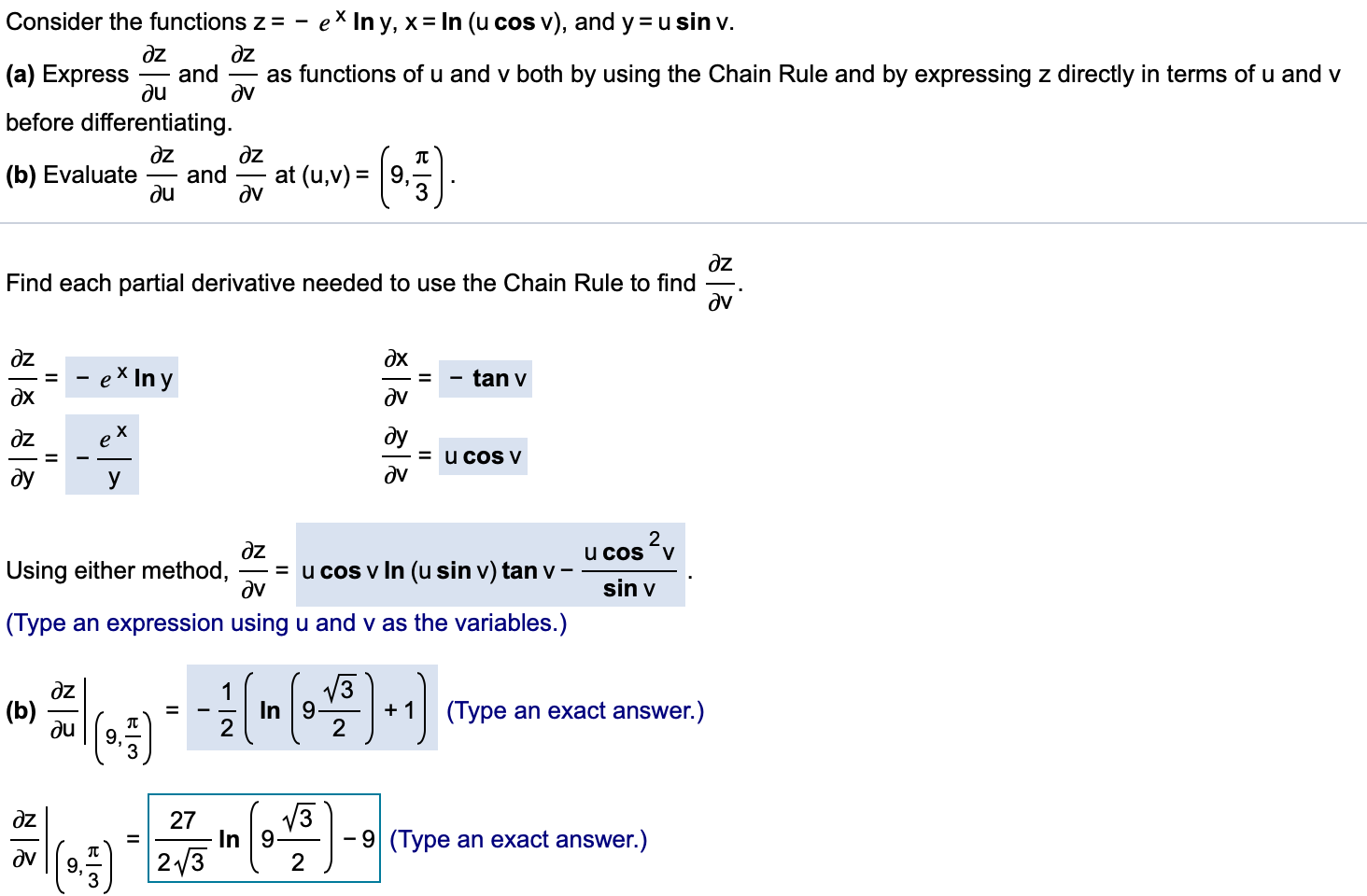 Solved Consider the functions z= ex In y, x= In (u cos v), | Chegg.com