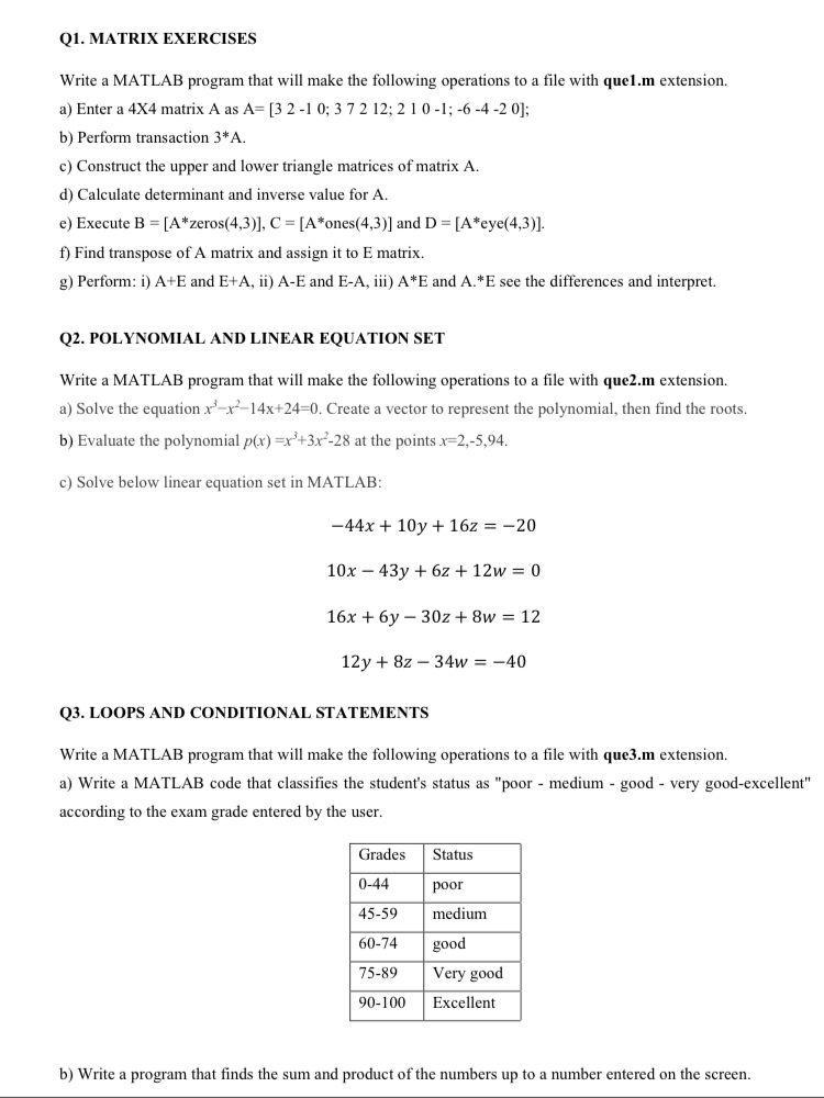 Solved Q1. MATRIX EXERCISES Write a MATLAB program that will | Chegg.com