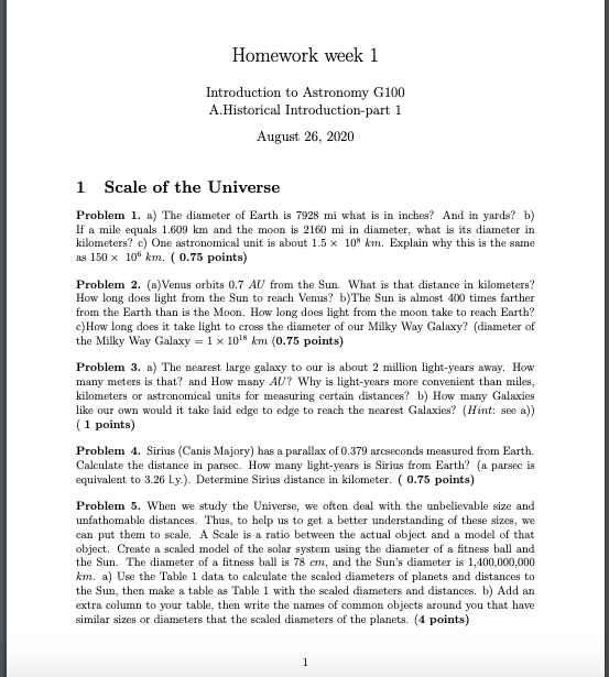 Solved Homework week 1 Introduction to Astronomy G100 | Chegg.com