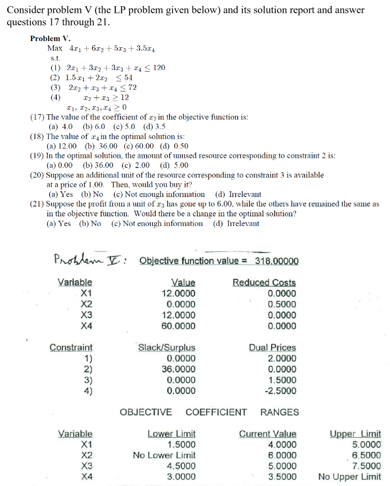 Solved Consider problem V (the LP problem given below) and | Chegg.com