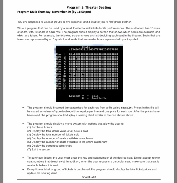 Program 3: Theater Seating Program DUE: Thursday, | Chegg.com