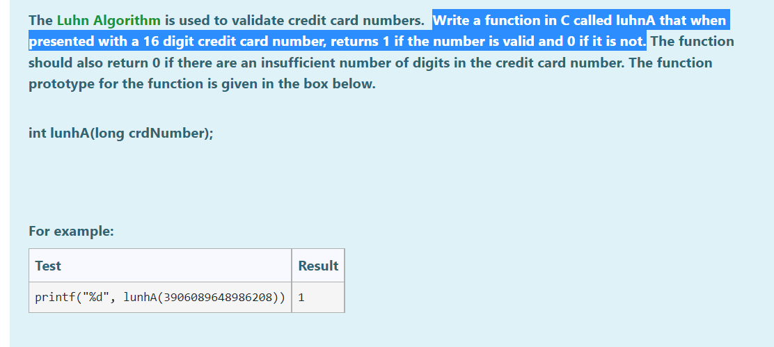 Solved The Luhn Algorithm Is Used To Validate Credit Card 