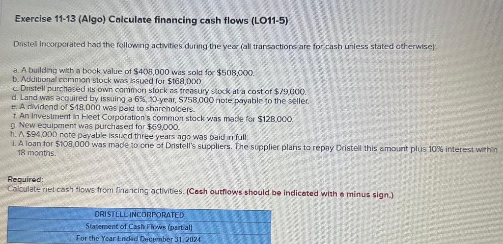 Solved Exercise 11-13 (Algo) Calculate financing cash flows | Chegg.com