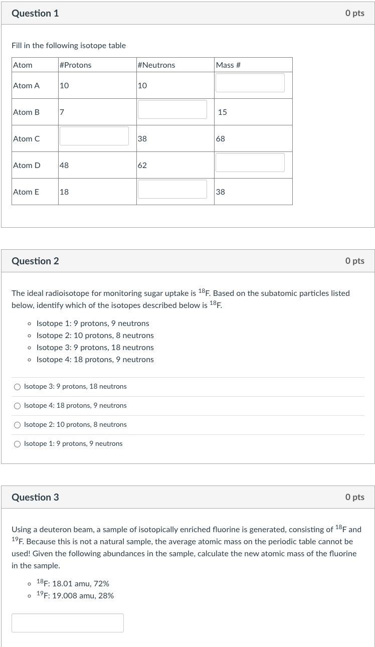 Solved Question 1 O pts Fill in the following isotope table | Chegg.com