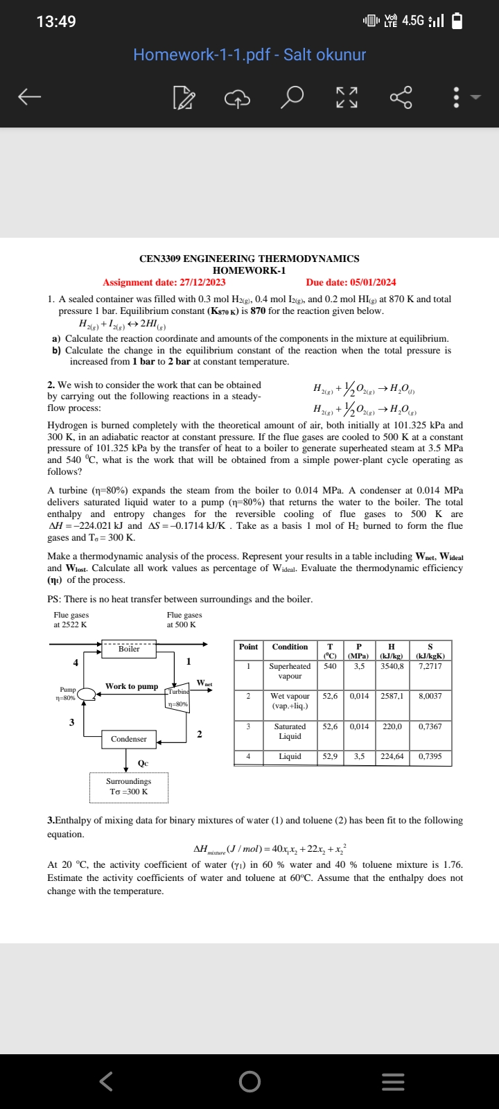 Solved 1. A sealed container was filled with 0.3 molH2( | Chegg.com