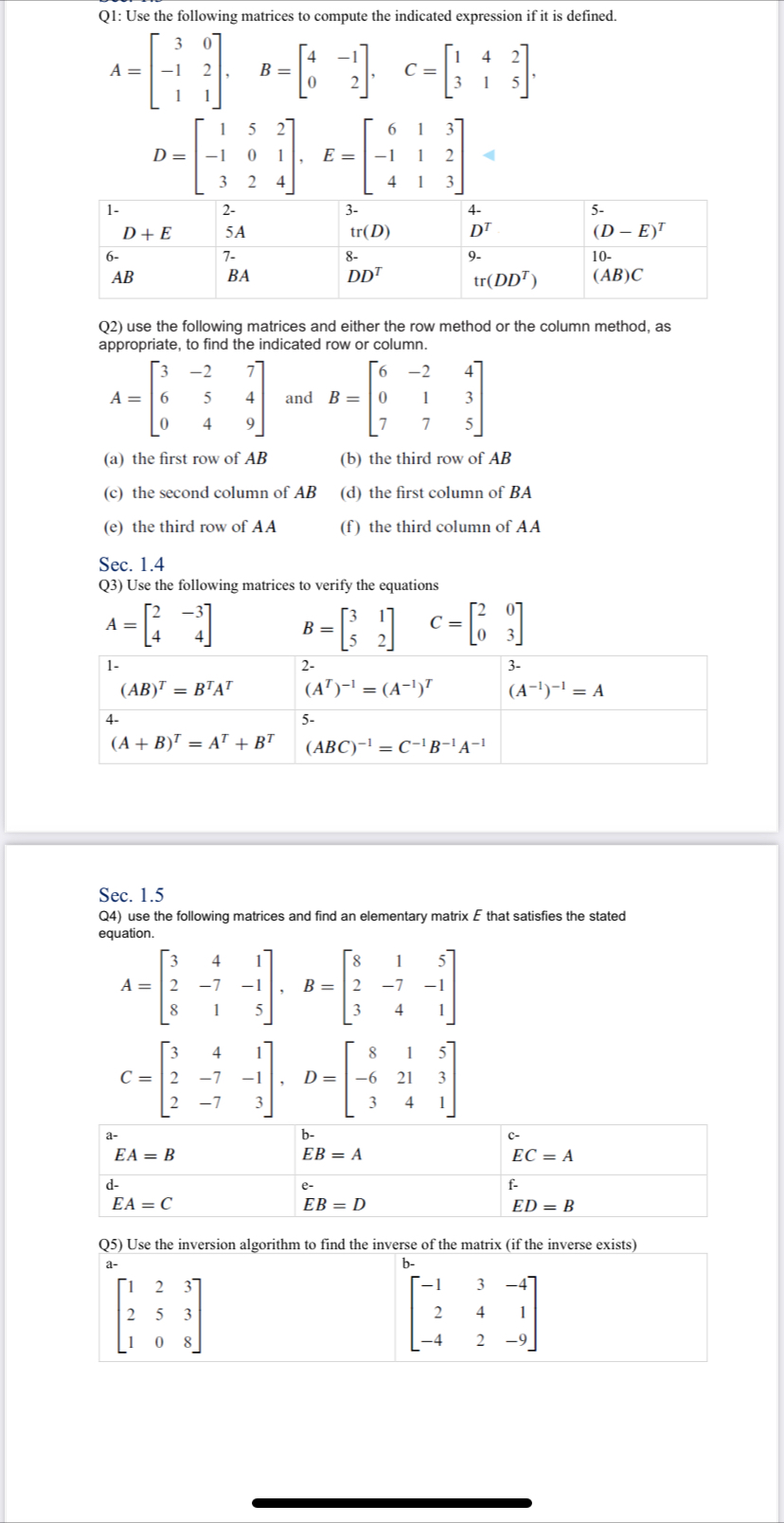 Solved Q1: Use the following matrices to compute the | Chegg.com