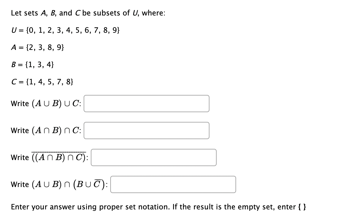 Solved Let sets A,B, and C be subsets of U, where: | Chegg.com