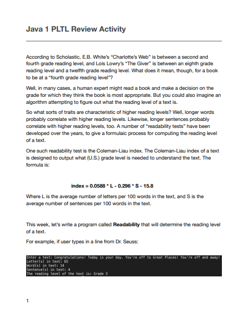 Solved Write a program called Readability that will | Chegg.com