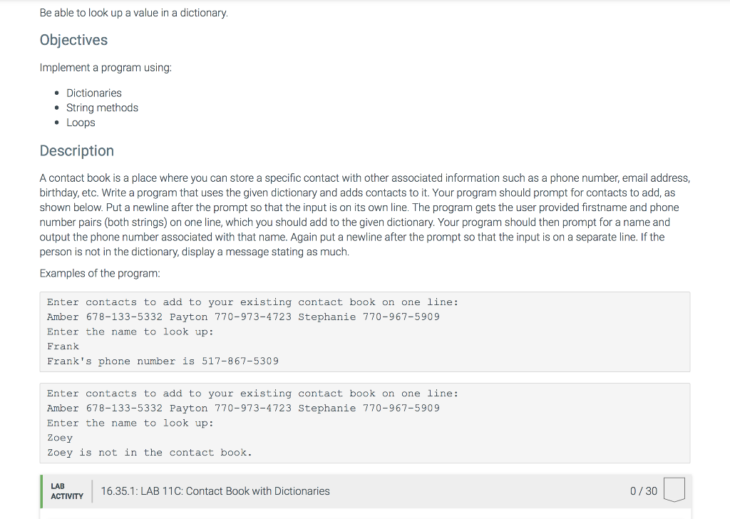 Solved Be able to look up a value in a dictionary. | Chegg.com