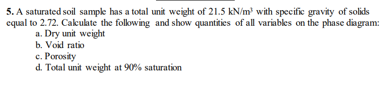 Solved 5. A saturated soil sample has a total unit weight of | Chegg.com