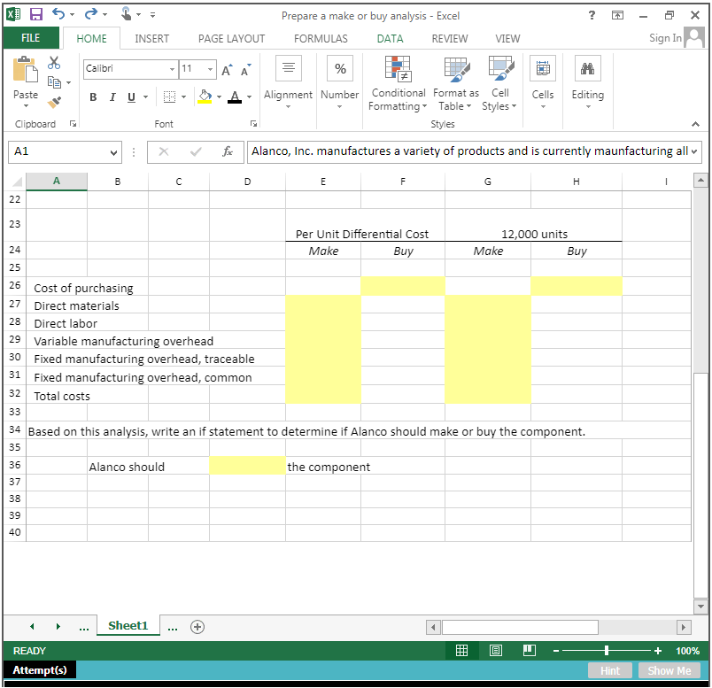 Solved XU H5 le - X Prepare a make or buy analysis - Excel | Chegg.com