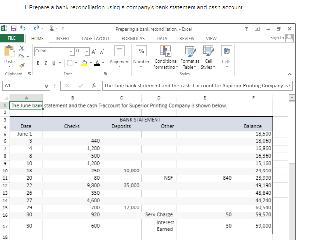 Solved 1. Prepare a bank reconciliation using a company's | Chegg.com
