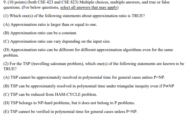 Solved 9. (10 points) (both CSE 423 and CSE 823) Multiple | Chegg.com