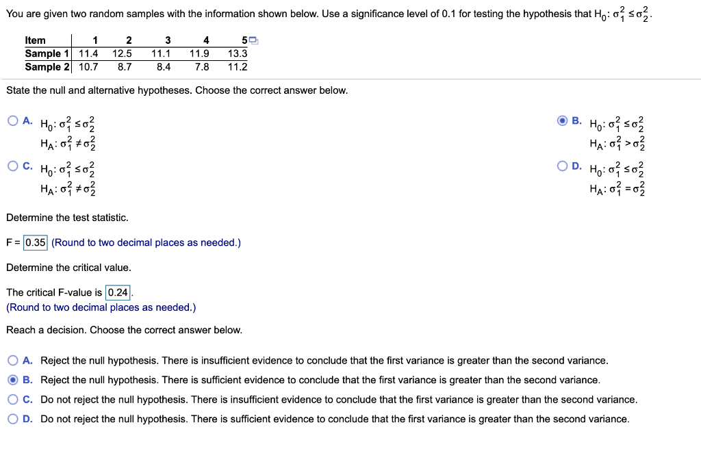 Solved You are given two random samples with the information | Chegg.com