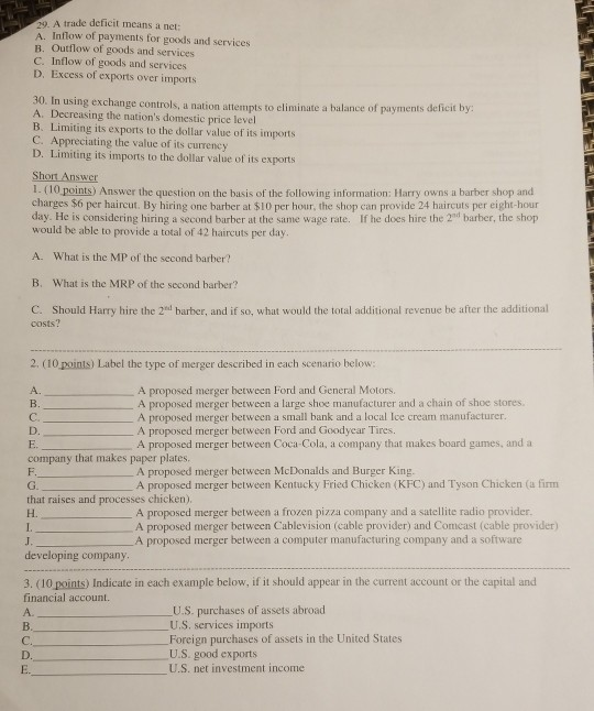 Solved 9. A trade deficit means a net: A. Inflow of payments | Chegg.com