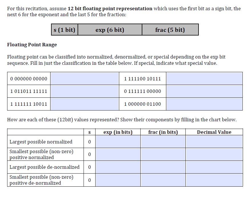 For this recitation, assume 12 bit floating point | Chegg.com
