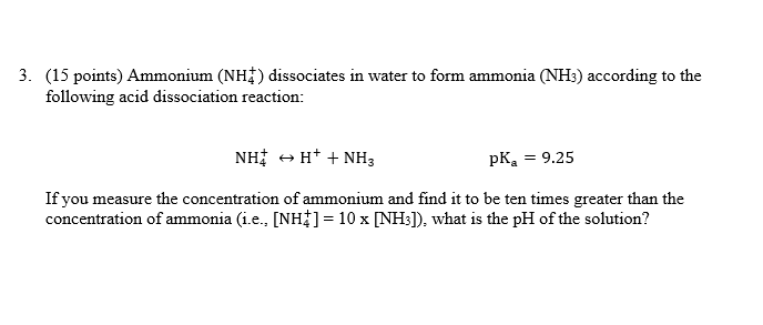 Solved 3. (15 points) Ammonium (NH) dissociates in water to | Chegg.com