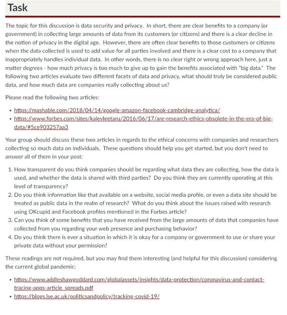 Solved Task The topic for this discussion is data security | Chegg.com