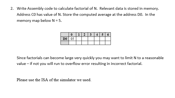 Solved 2. Write Assembly code to calculate factorial of N. | Chegg.com