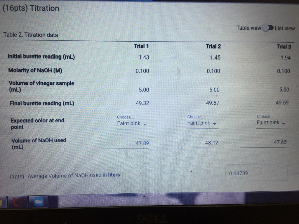 Solved (16pts) Titration Table view List view Table 2. | Chegg.com
