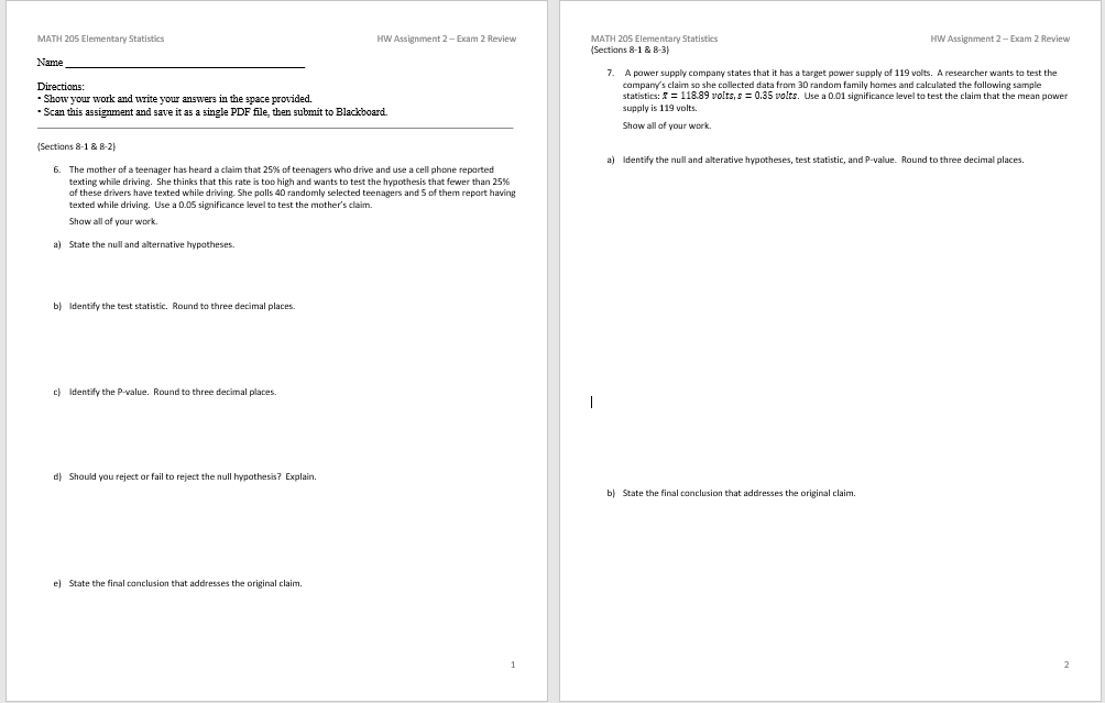 Solved MATH 205 Elementary Statistics HW Assignment 2 - Exam | Chegg.com Solved MATH 205 Elementary Statistics HW Assignment 2 - Exam | Chegg.com