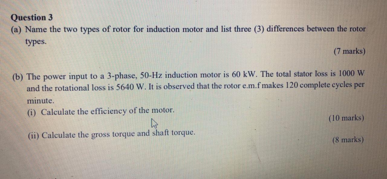 Solved Question 3 (a) Name the two types of rotor for | Chegg.com