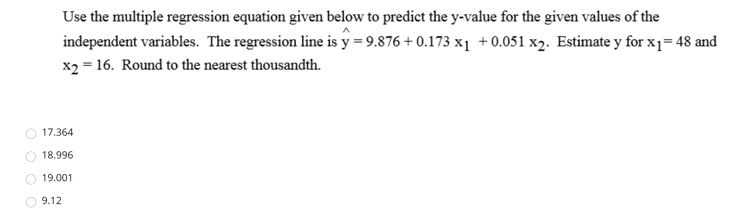 Solved Use the multiple regression equation given below to | Chegg.com