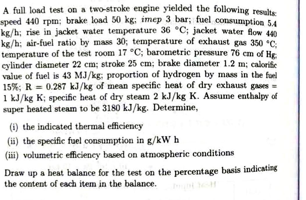 Solved A full load test on a two-stroke engine yielded the | Chegg.com