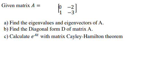Solved Given matrix A=[01−2−3] a) Find the eigenvalues and | Chegg.com