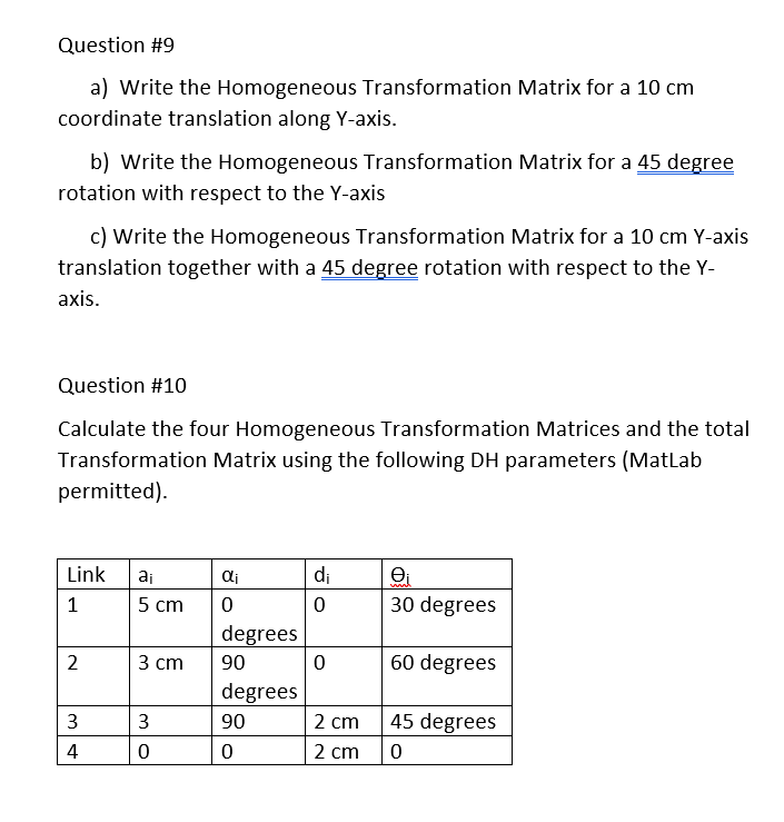 Solved Question #9 a) Write the Homogeneous Transformation | Chegg.com