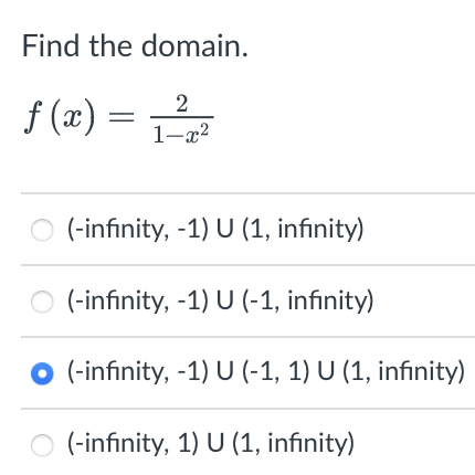 Solved Find the domain. f(x)=1−x22 (-infinity, -1) U (1, | Chegg.com
