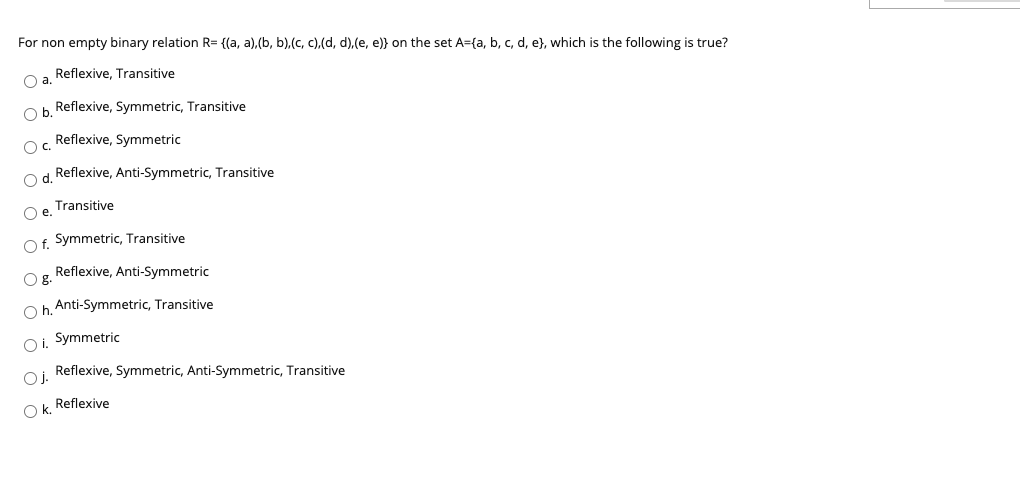 Solved For non empty binary relation R= {(a, a),(b, b), | Chegg.com