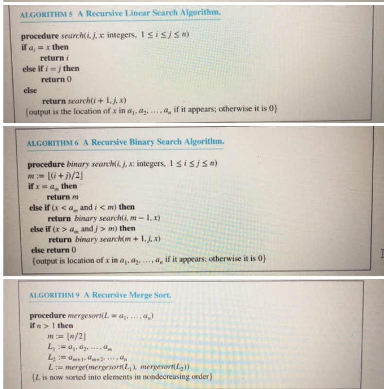 Solved Write C++ code for the recursive algorithms provided | Chegg.com