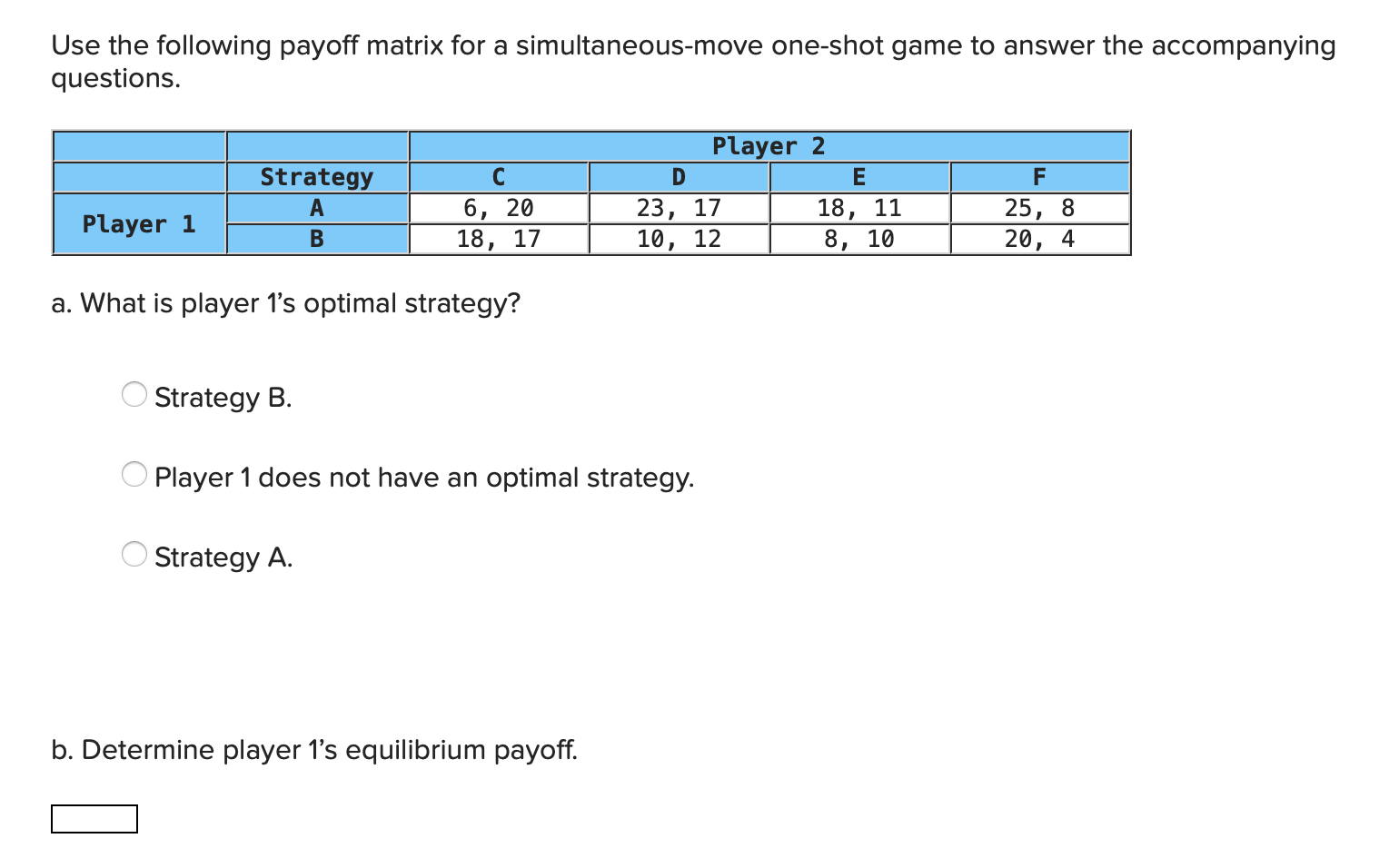 Solved Use the following payoff matrix for a | Chegg.com