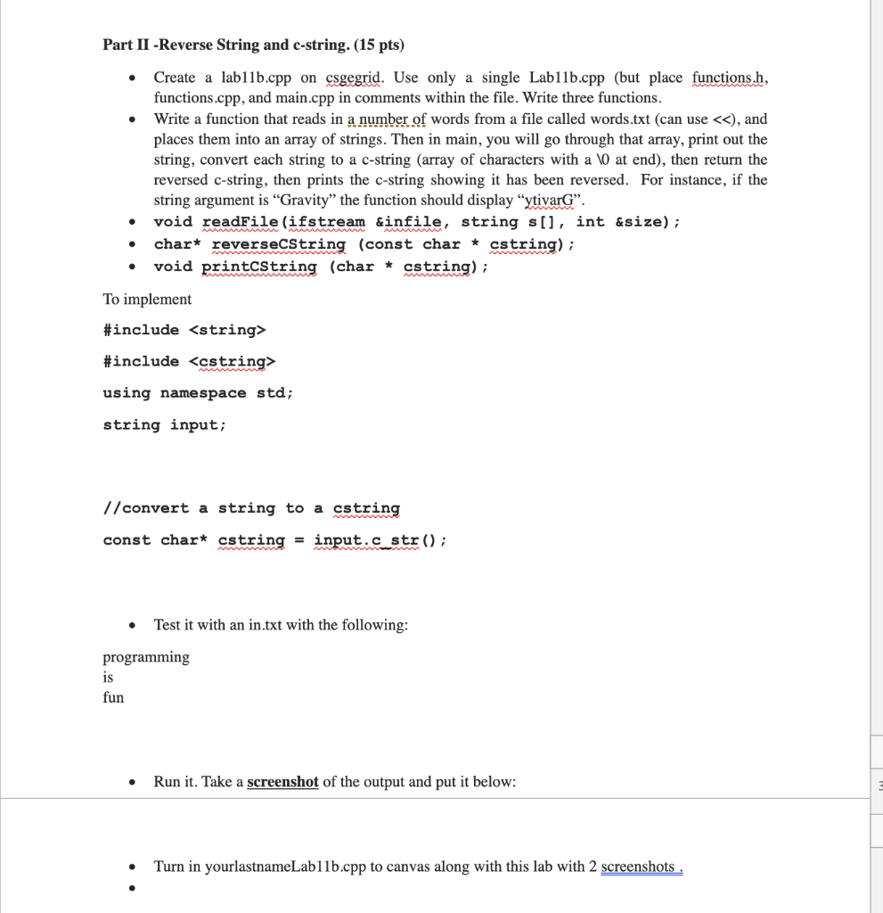 Part II - Reverse String and c-string. (15 pts) | Chegg.com