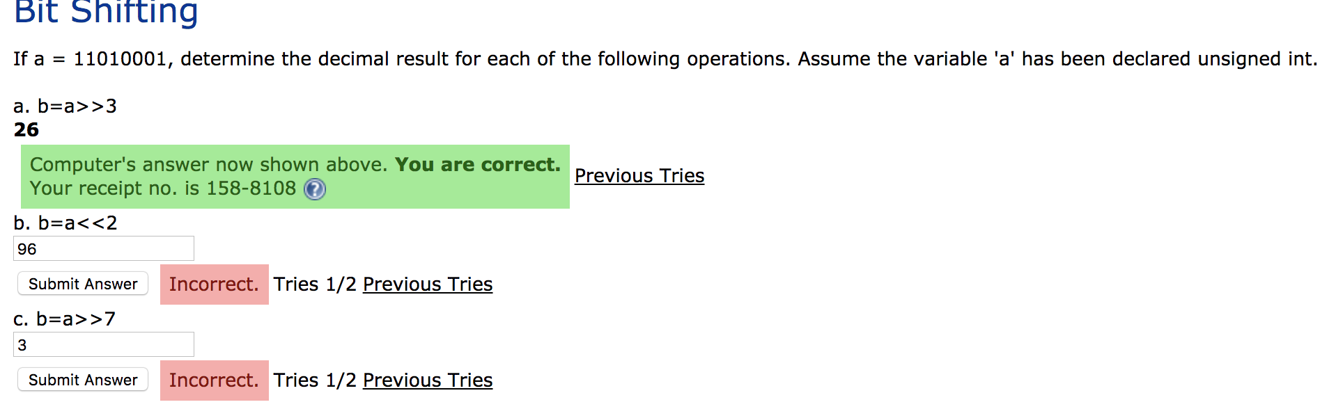Solved Bit Shifting If a 11010001, determine the decimal | Chegg.com