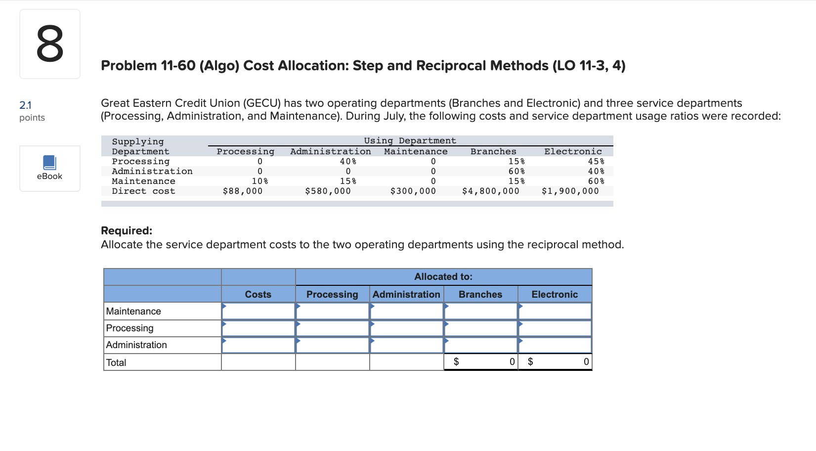 Solved 8 Problem 11-60 (Algo) Cost Allocation: Step and | Chegg.com