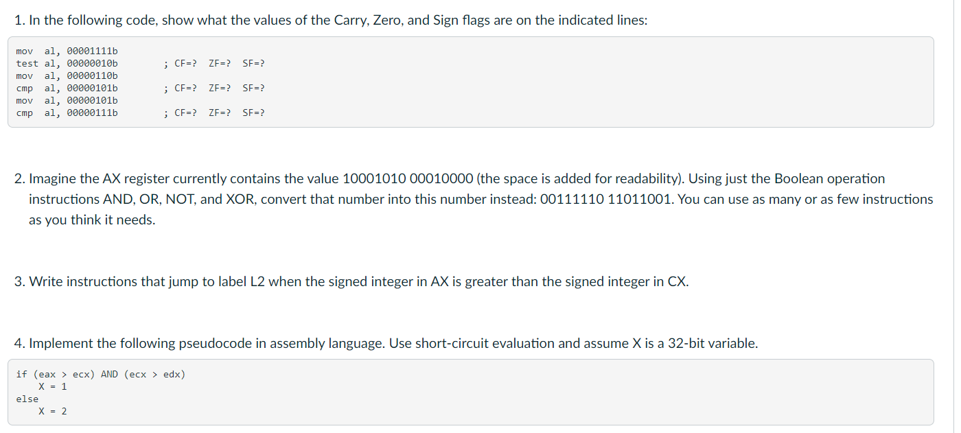 1. In the following code, show what the values of the | Chegg.com
